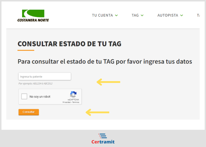 Consultar el estado del Tag en Costanera Norte - Certramit
